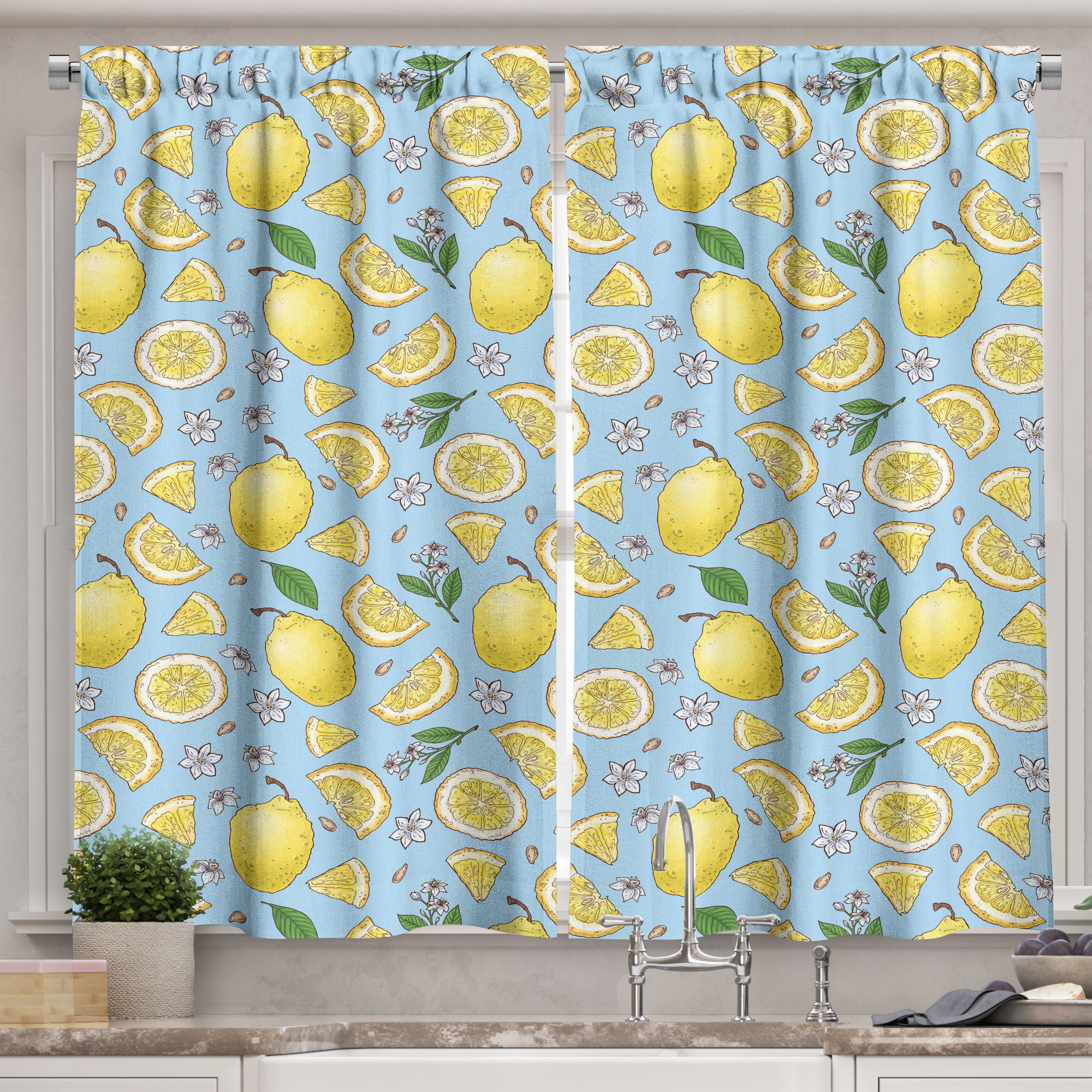 Lemons Kitchen Curtains, Colorful Citrus Floral Leaves Blossoms Pattern ...