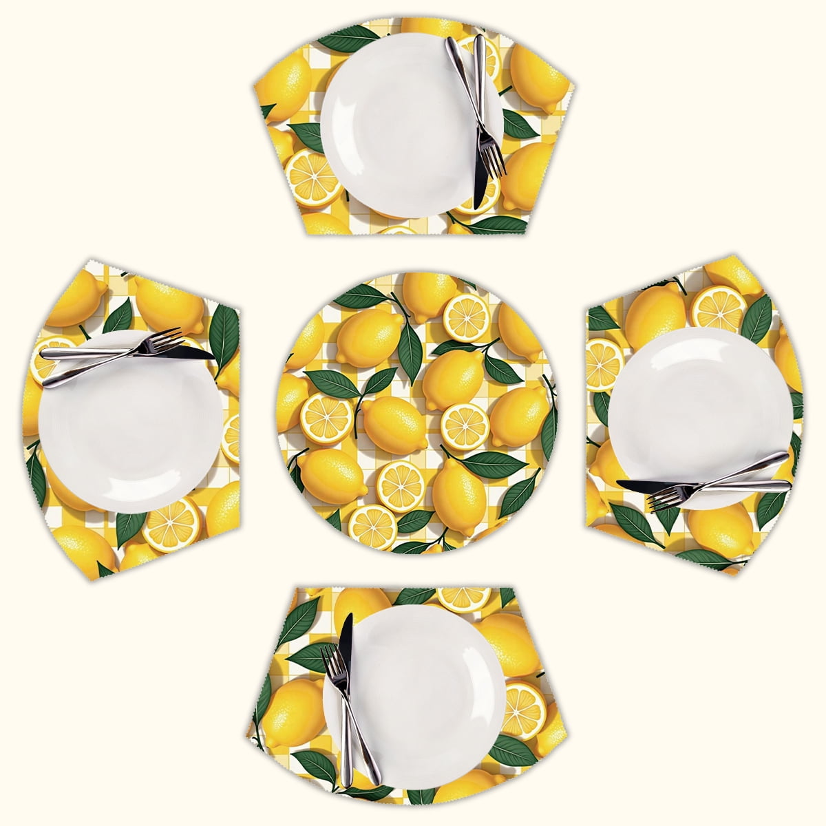 Lemons and Leaves Pattern Round Table Placemats Set Of 5 Wedge Table ...