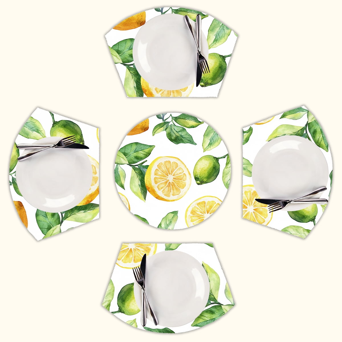 Lemons and Lime Leaves Pattern Round Table Placemats Set Of 5 Wedge ...