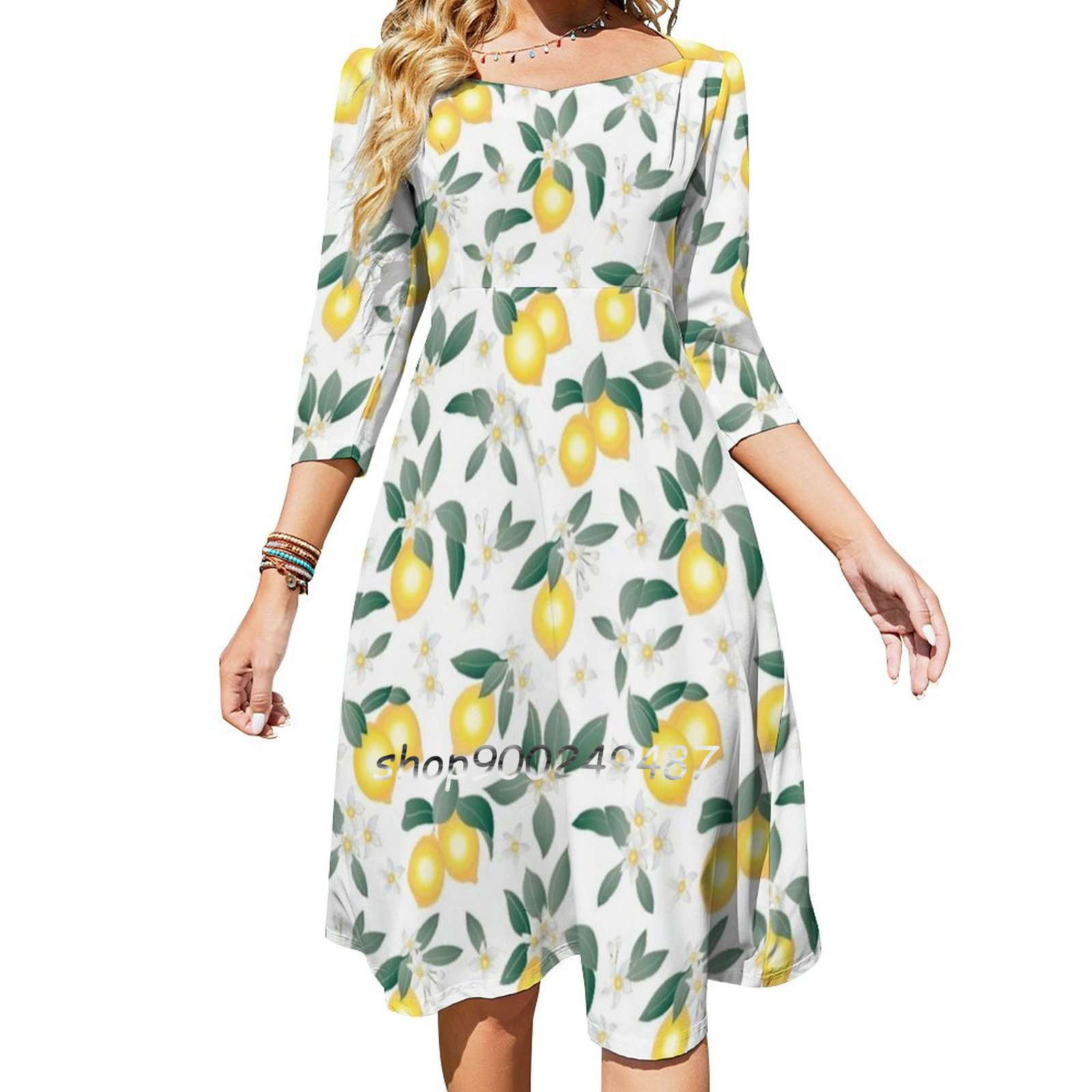Lemons On White Square Neck Dress Sweet Summer Dress Women Elegant ...