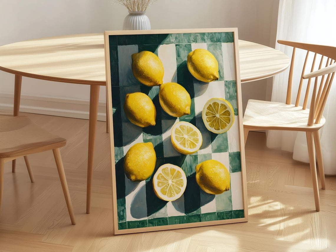 Lemons Poster trendy checkered Fruit yellow green kitchen citrus ...