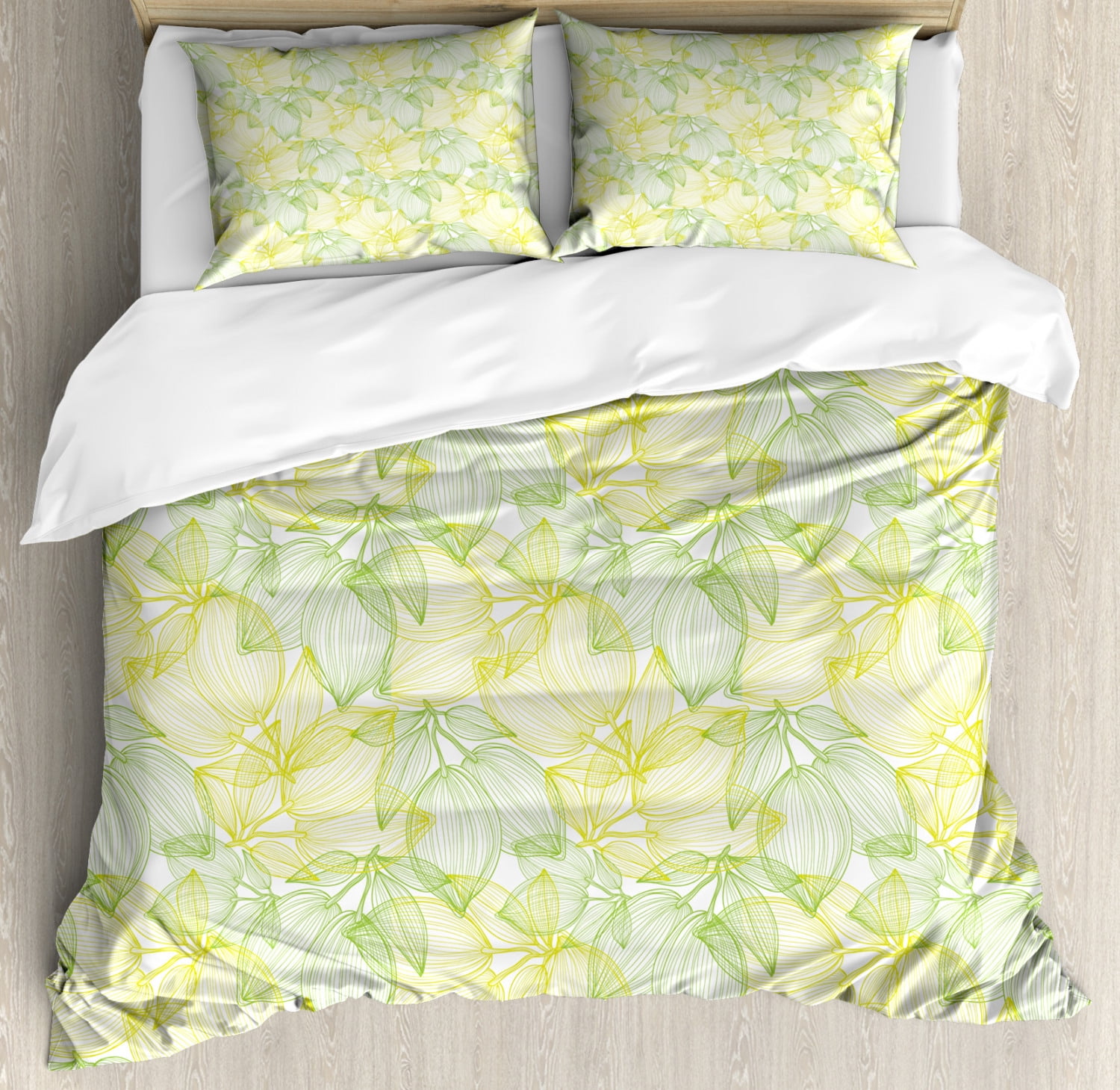 Lemons Queen Size Duvet Cover Set, Hand Drawn Style Mingled Design of ...