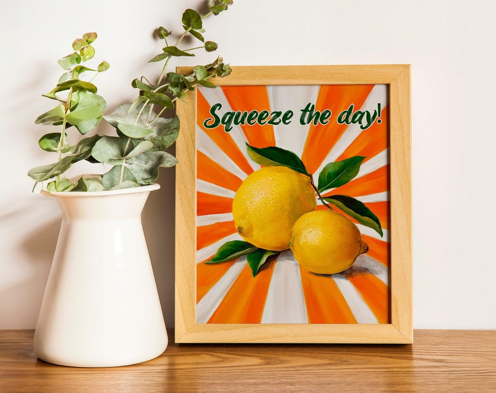 Lemons And Stripes Art Print, Modern Kitchen Wall Decor, Fresh Cute ...