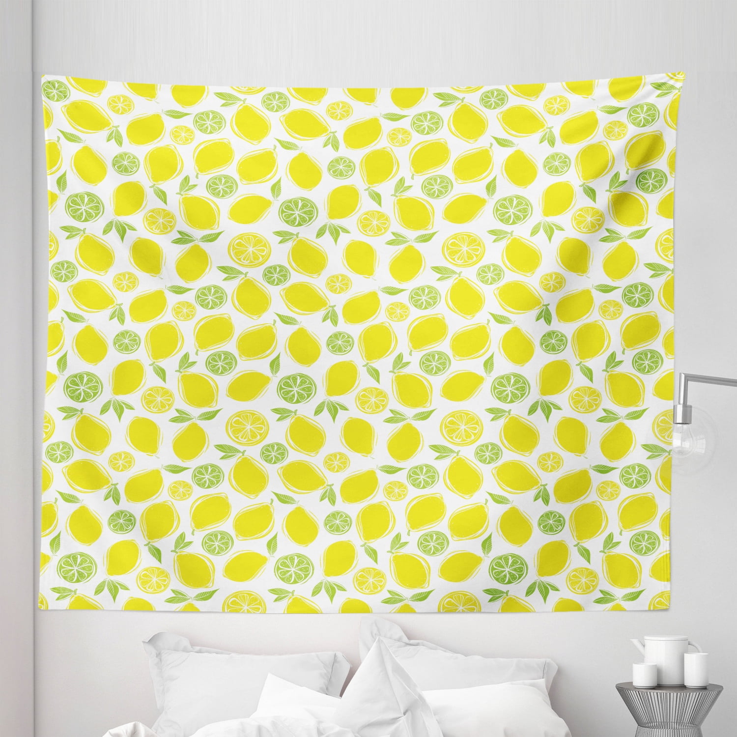 Lemons Tapestry, Simplistic Citrus Fruits Hubbly Drawing of Green and ...