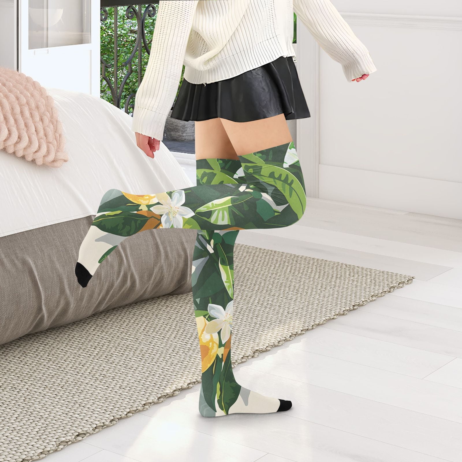 Lemons White Flower Womens Thigh High Stocks Over Knee High Socks Thigh ...