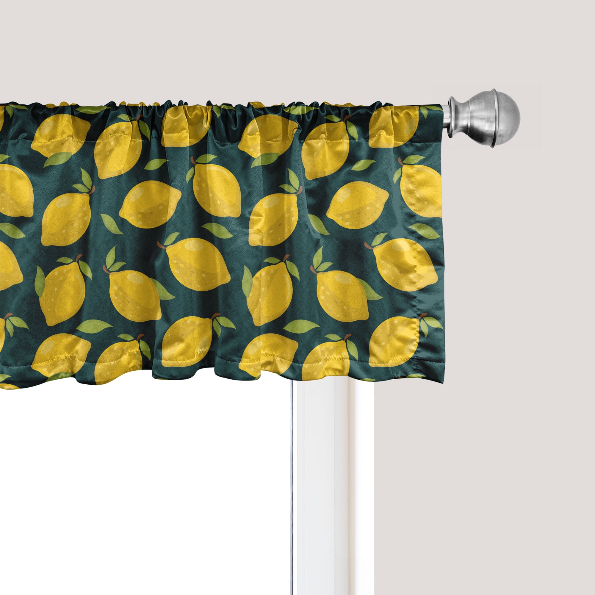 Lemons Window Valance, Citrus Cartoon with Leaves on Dark Background ...