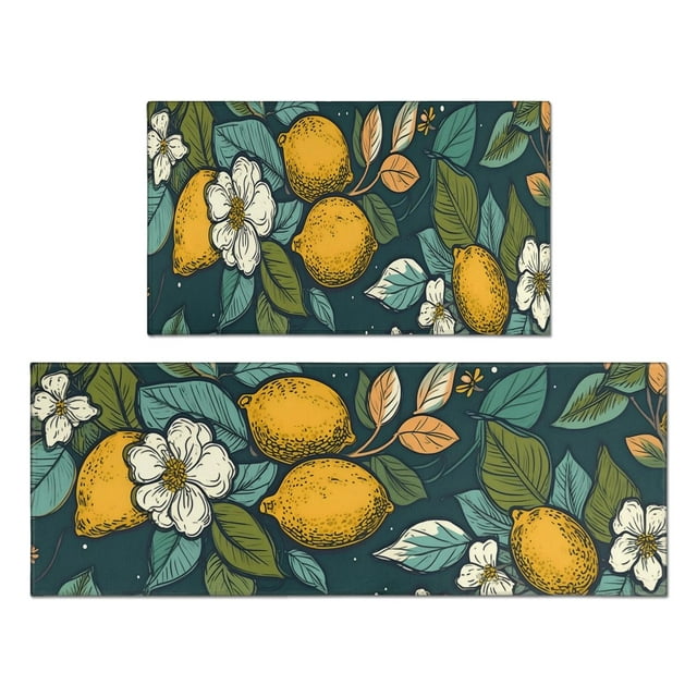Lemons Yellow Green Kitchen Rugs Set, 17x29 +17x47, Cushioned and Non ...