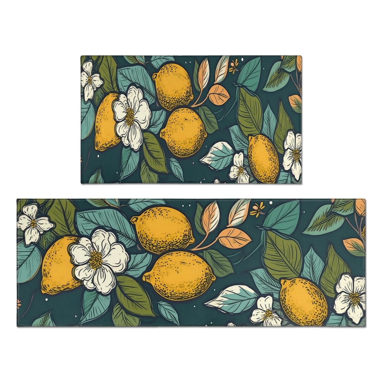 Lemons Yellow Green Kitchen Rugs Set, 17x29 +17x47, Cushioned and Non ...