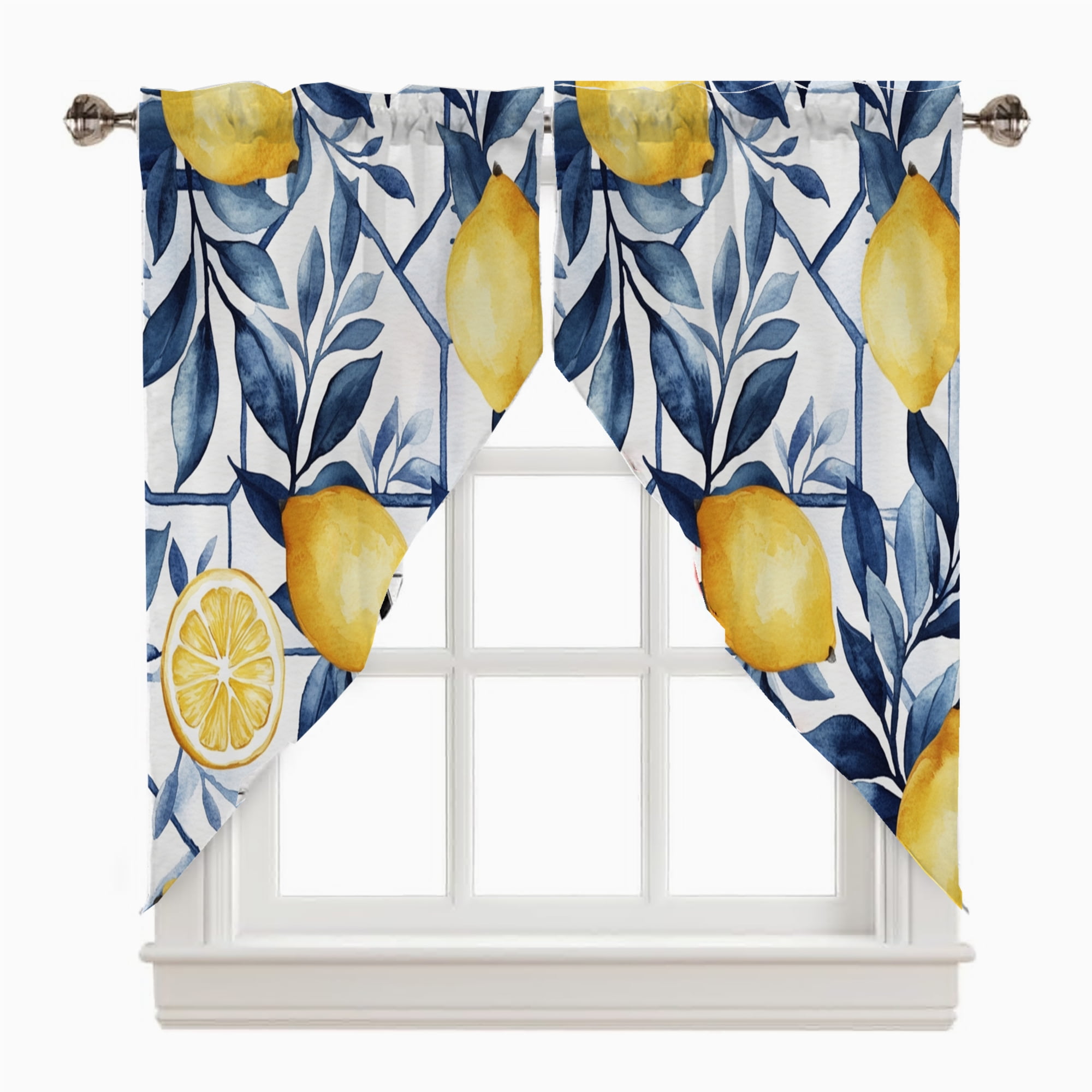 Lemons and Blue Leaves Pattern(1) Swag Valances For Windows 2 Pack For ...