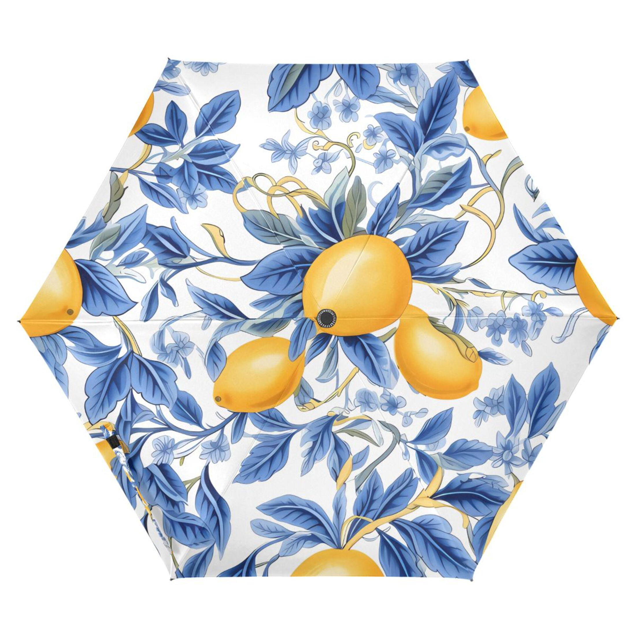 Lemons and Blue Leaves UPF 50+ Compact Folding Umbrella for Rain ...
