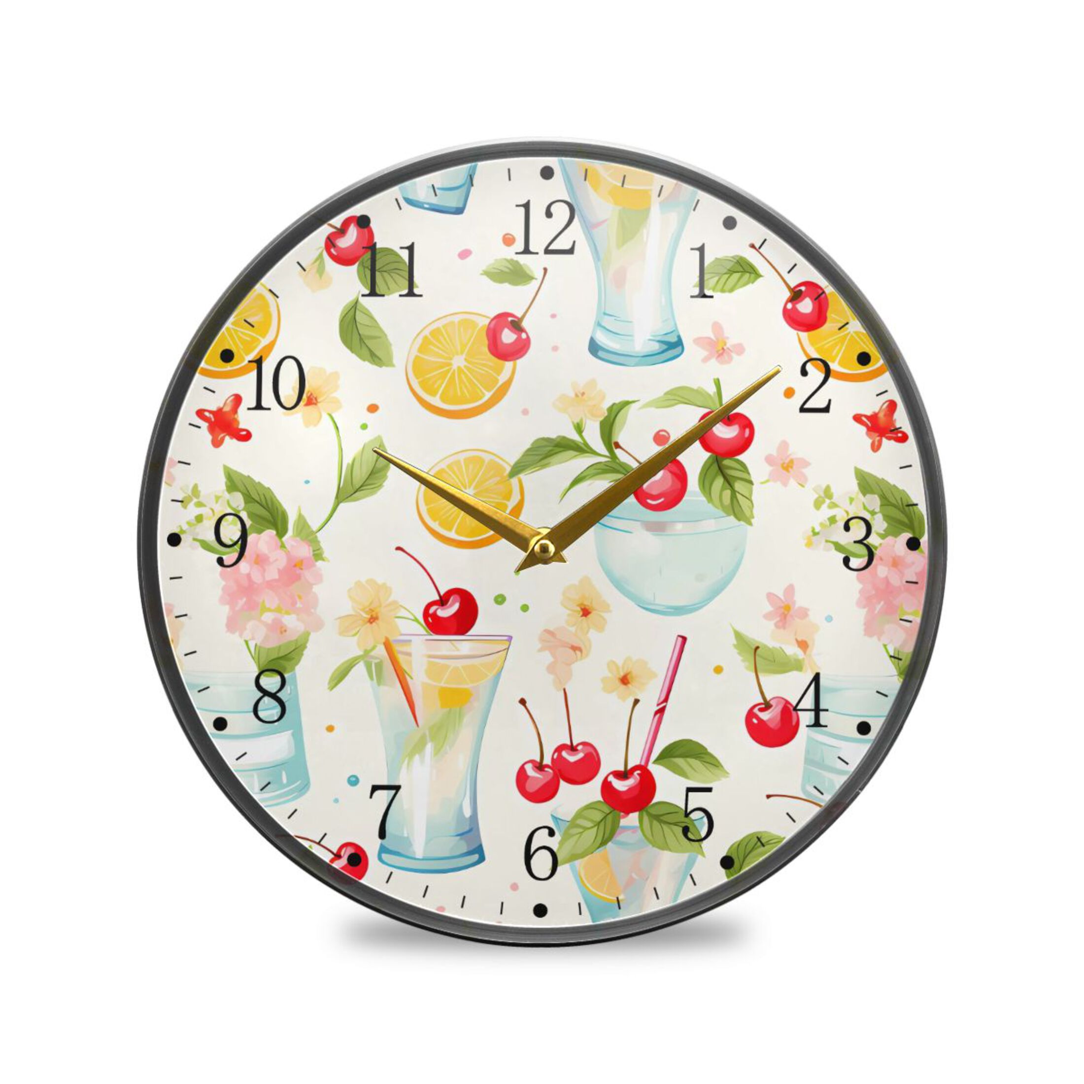 Lemons and Cherry Acrylic Wall Clocks Quiet Round Clock Battery ...
