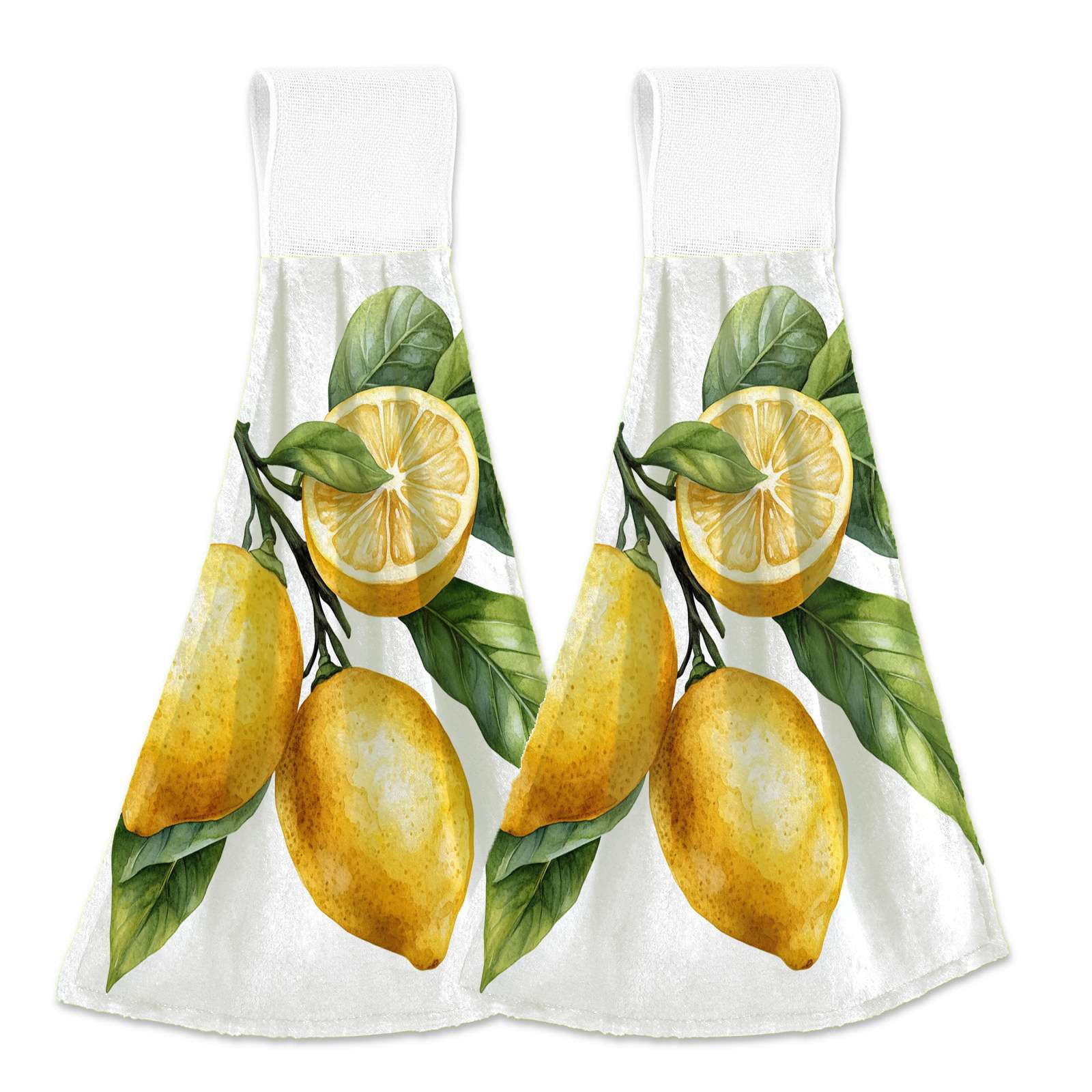 Lemons and Leaves Print Hanging Kitchen Hand Towels Sets with Loop Hand ...
