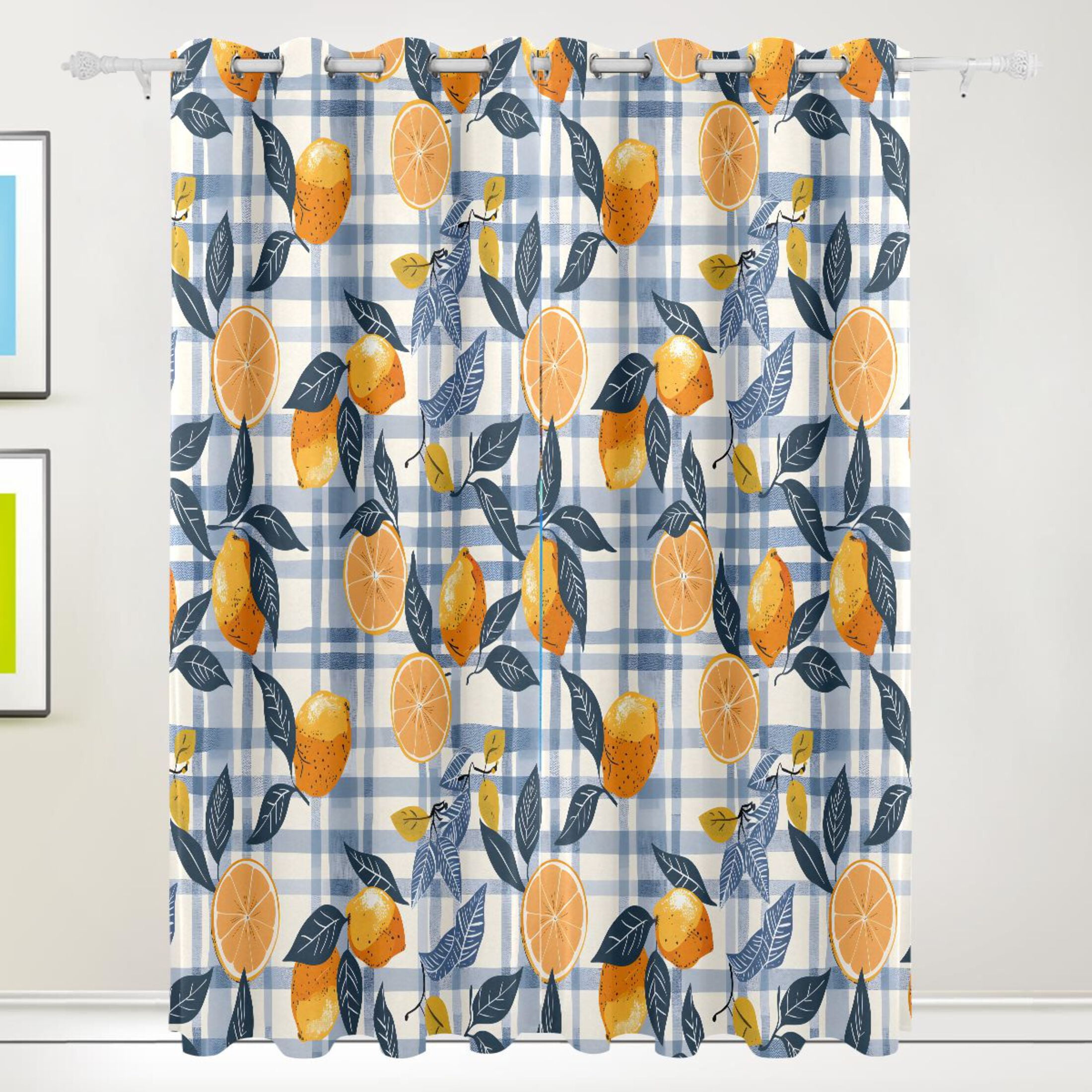 Lemons and Orange on Gingham Check Blackout Curtains 2 Panels Set ...
