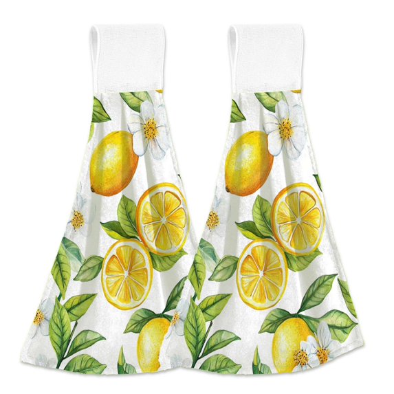 Lemons and White Flowers Pattern Hanging Kitchen Hand Towels Sets with ...