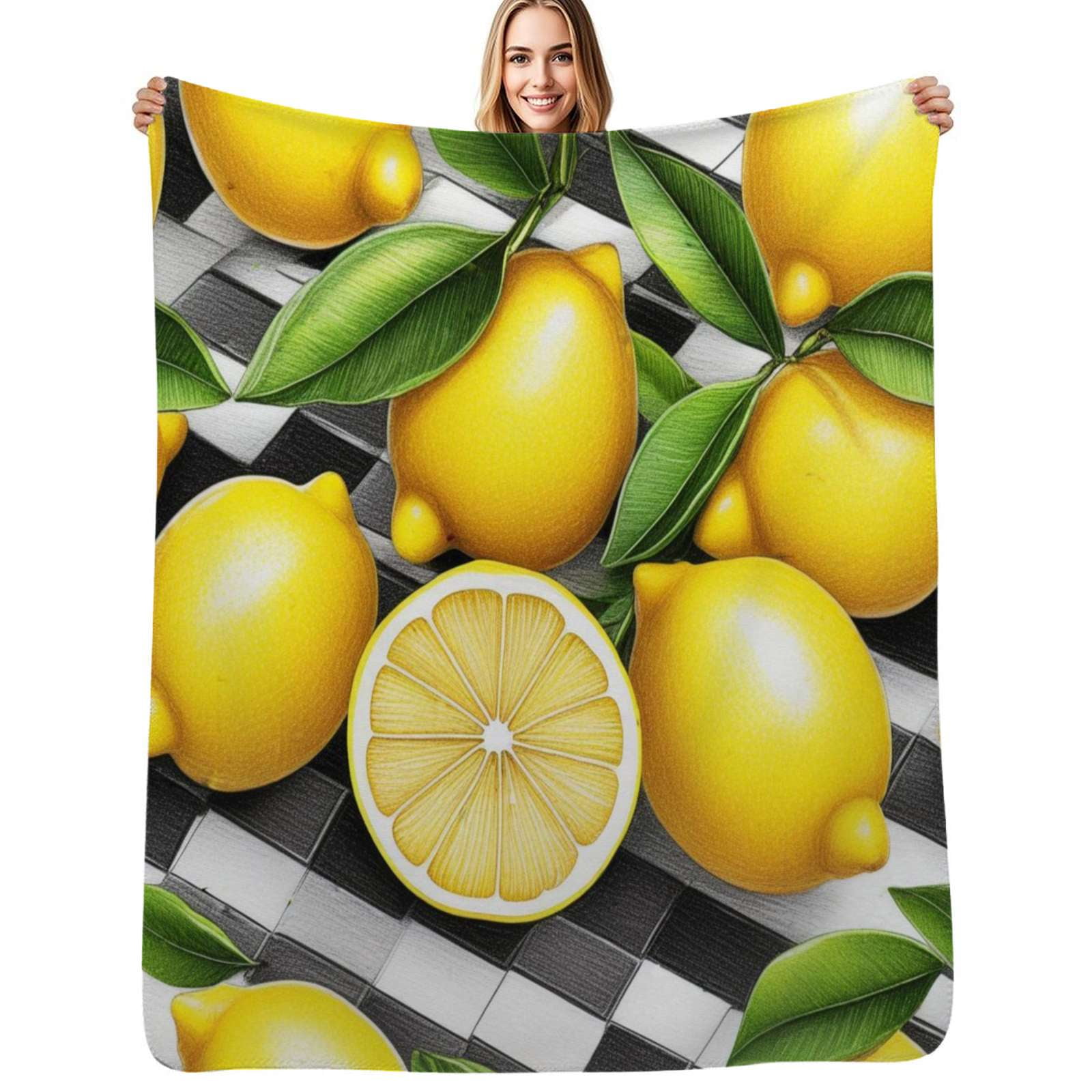 Lemons on Checkered Background Flannel Blankets Soft Throw Blanket ...