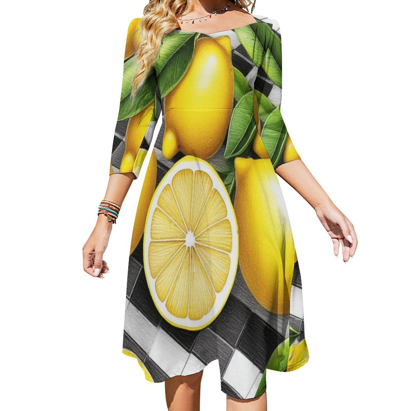 Lemons on Checkered Background Womens Summer Dress Tie Back A Line ...