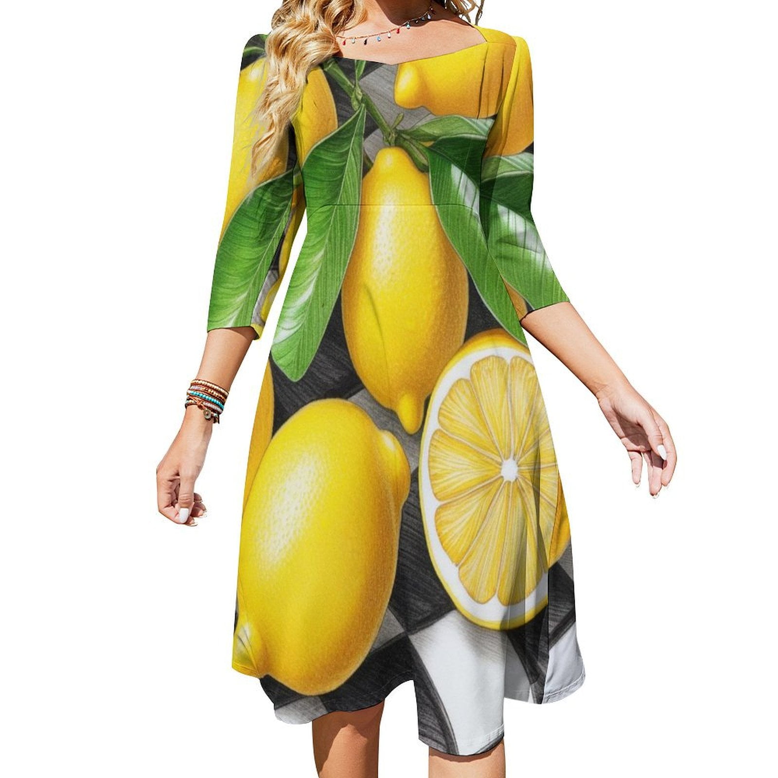 Lemons on Checkered Background Womens Summer Dress Tie Back A Line ...