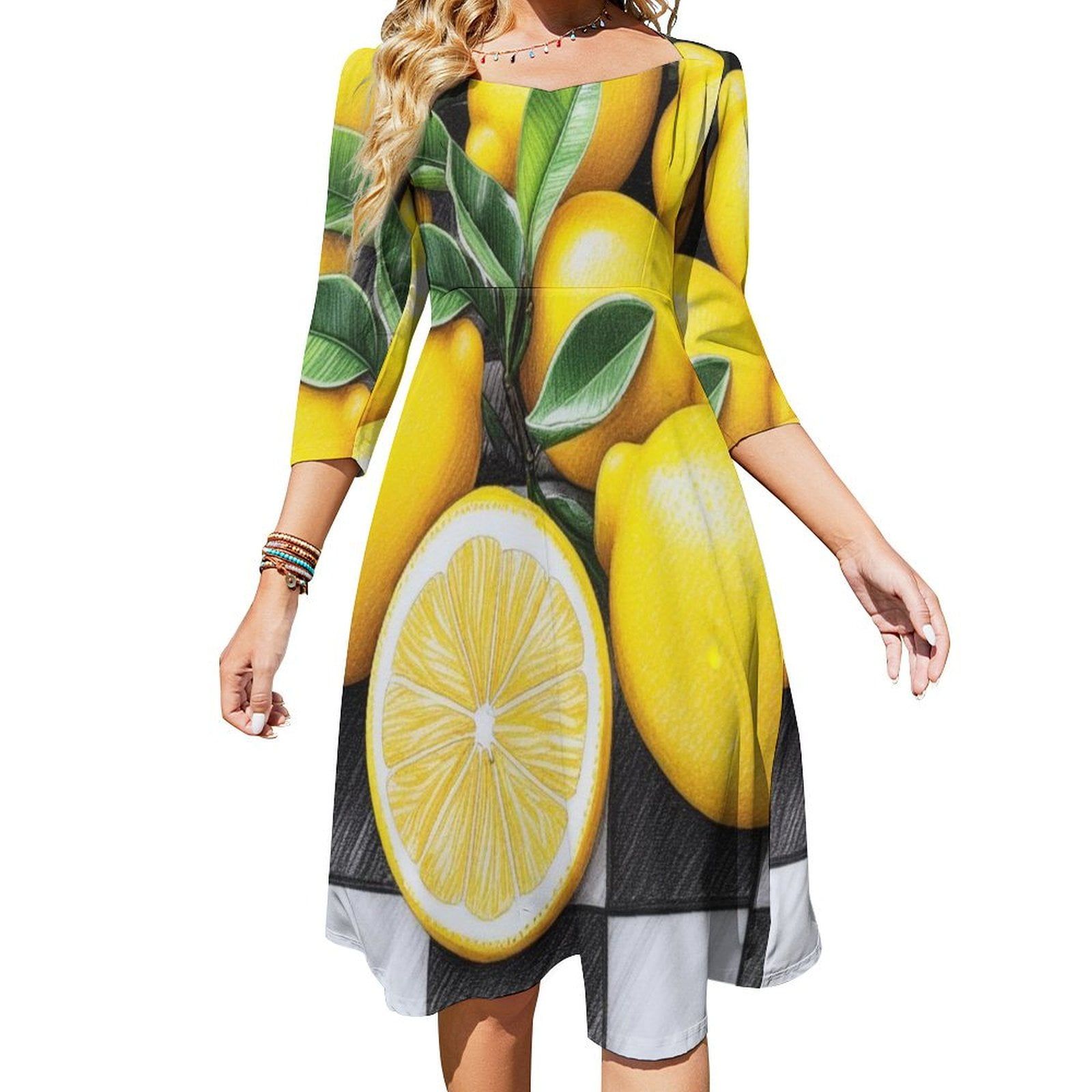 Lemons on Checkered Background Womens Summer Dress Tie Back A Line ...