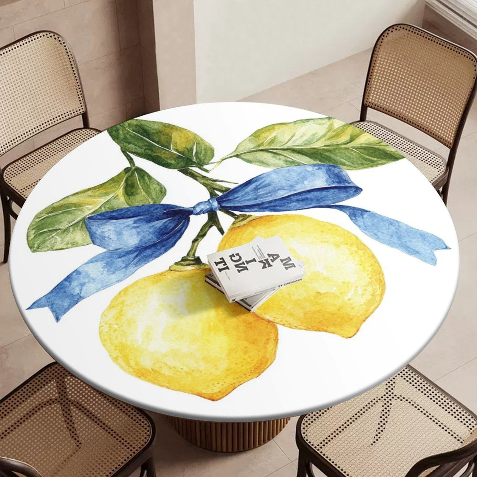 Lemons with Blue Ribbon Round Table Cover Kitchen Printed Waterproof ...