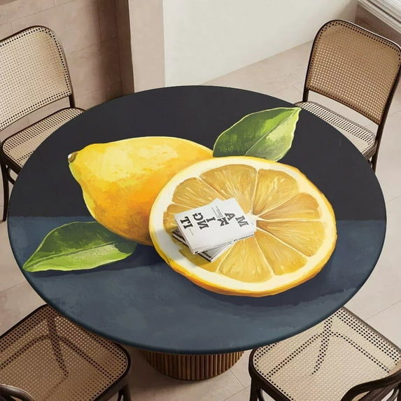 Lemons with Leaves Round Table Cover Kitchen Printed Waterproof ...