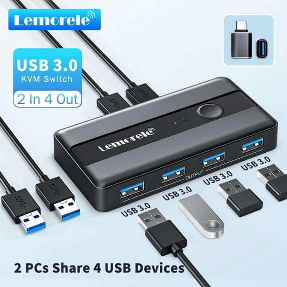 Lemorele USB Switch,2 PCs Sharing 4 Ports,USB 3.0 Switch Hub，USB-A to ...
