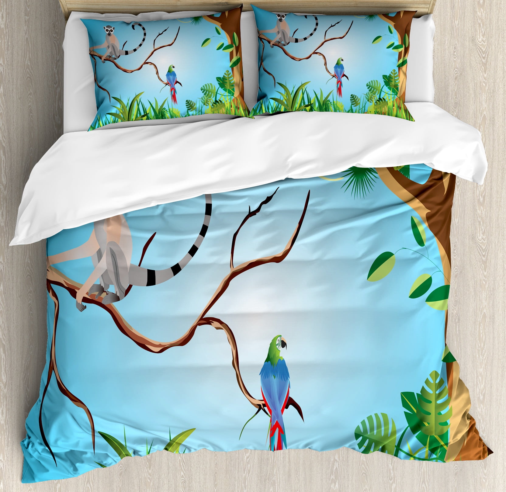 Lemur Duvet Cover Set, Exotic Parrot and Ring Tailed Monkey Tropical ...