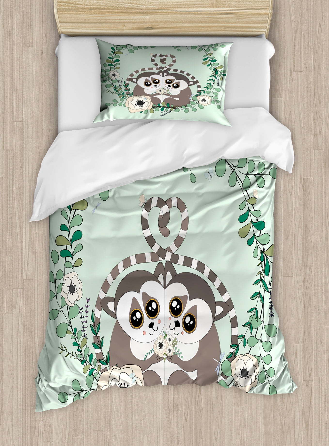 Lemur Duvet Cover Set, Exotic Wild Monkey Couple Botanical Print ...