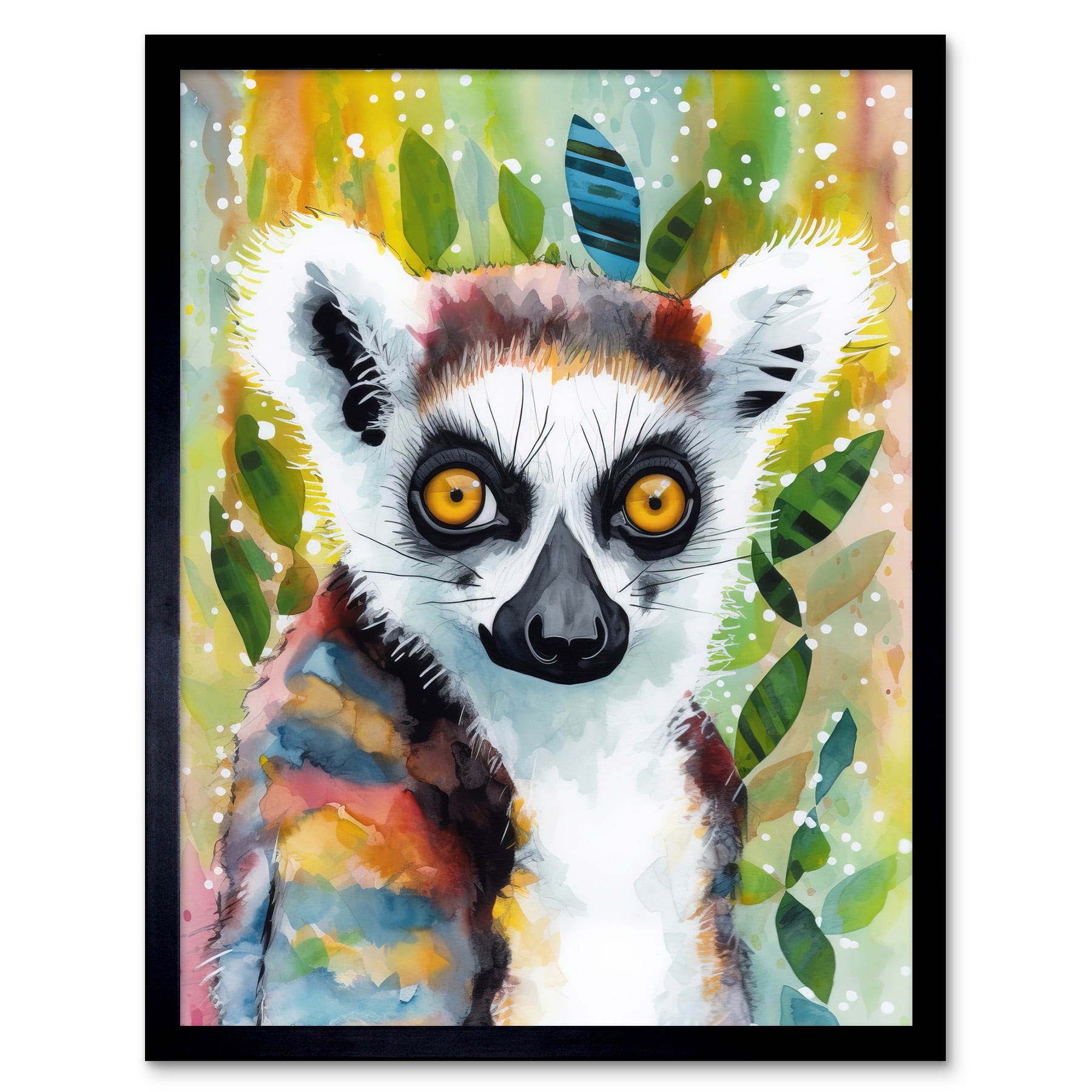 Lemur Portrait Folk Art Watercolour Painting Art Print Framed Poster ...