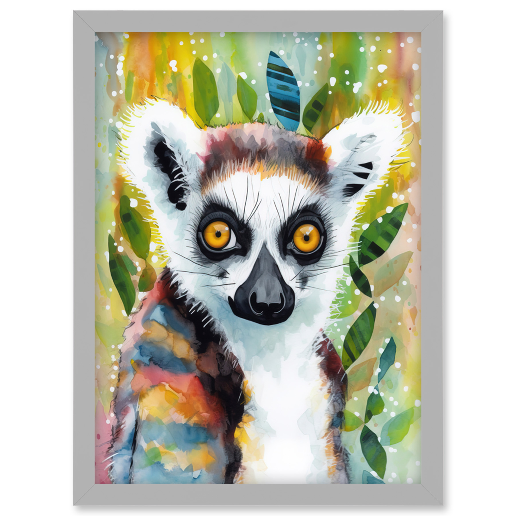 Lemur Portrait Folk Art Watercolour Painting Artwork Framed Wall Art ...