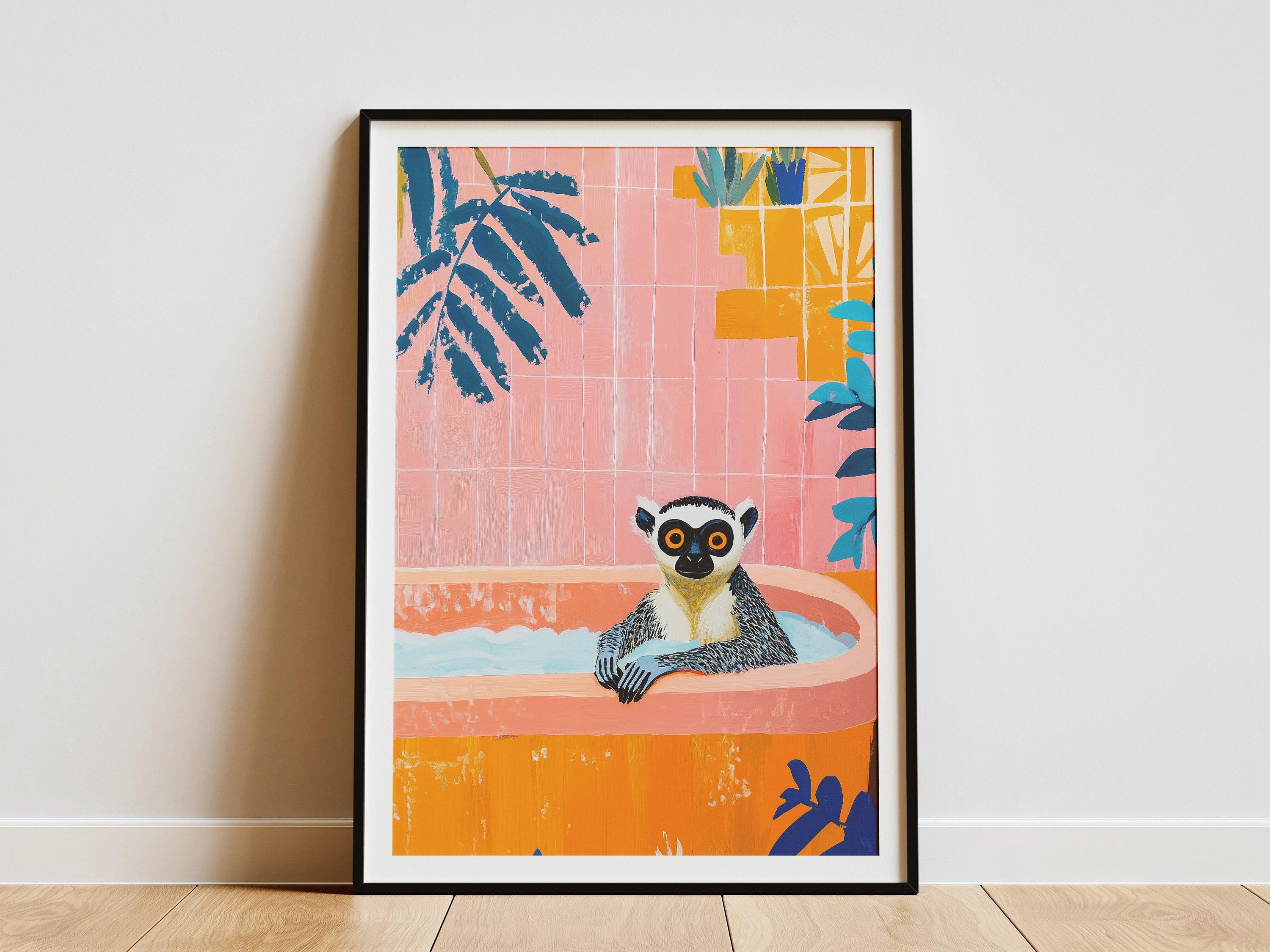 Lemur in Bathtub Pink Bathroom Painting Modern Art Print Cute Animal ...