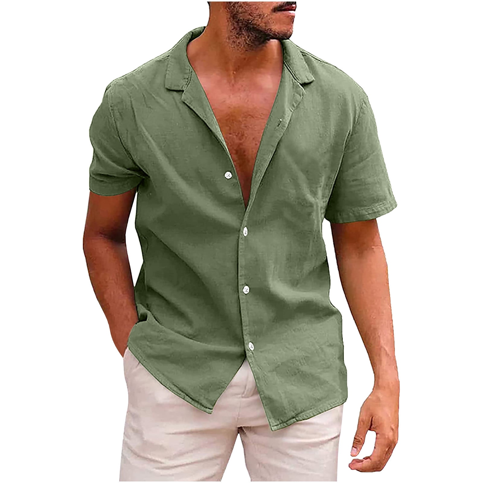 Lenago Mens Button Down Shirt Casual Solid Turndown Short Sleeve Button ...