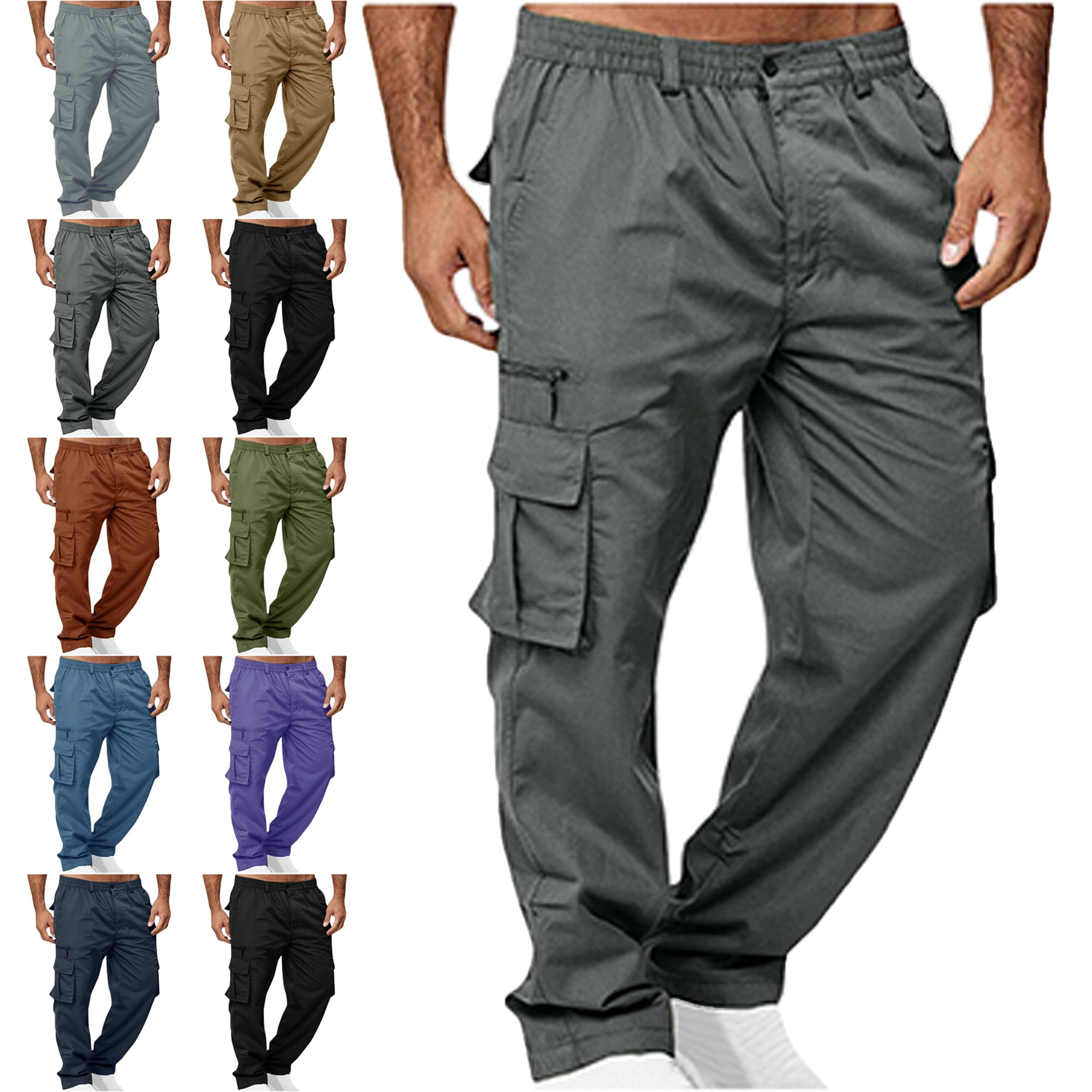 Lenago Mens Cargo Pants Multiple Zipper Button Pockets Outdoor Straight ...