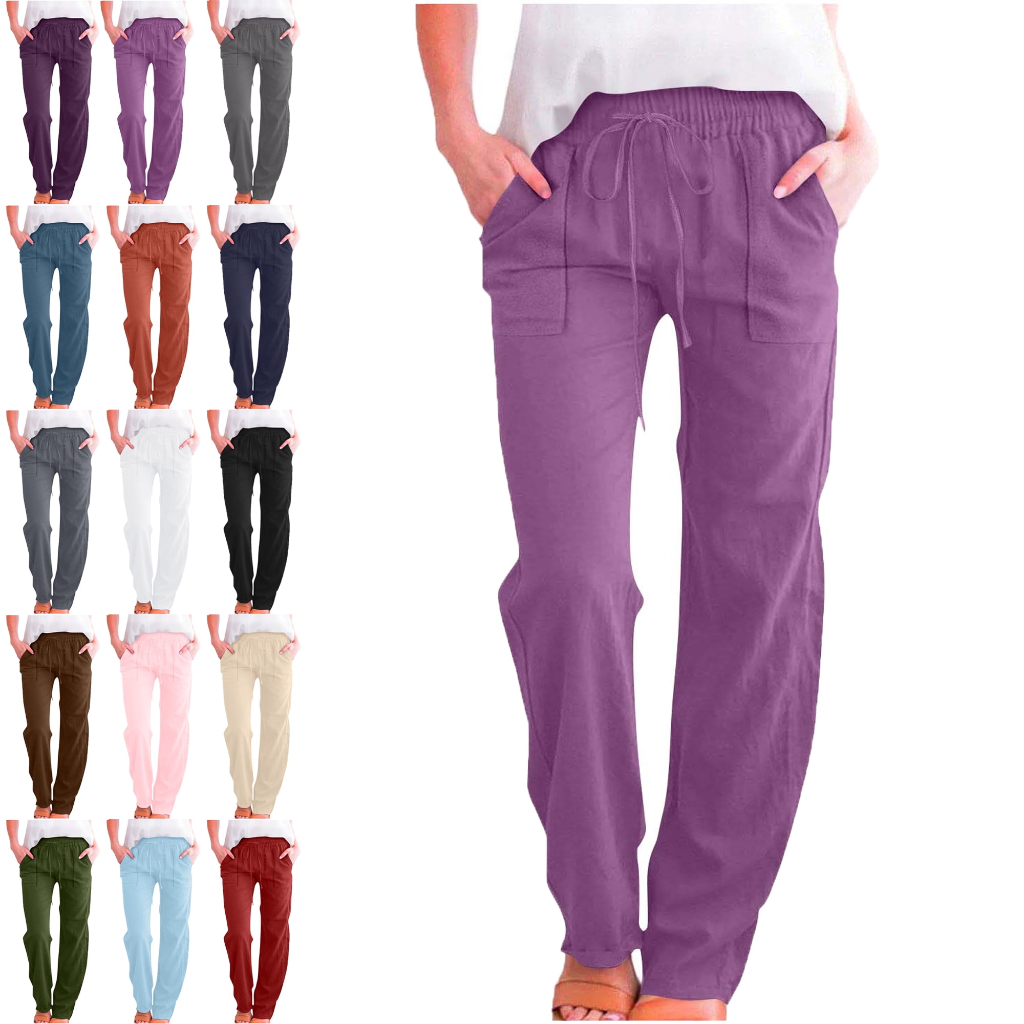Lenago Pants for Women Solid Color Long Pants Fashion Elastic Waist ...