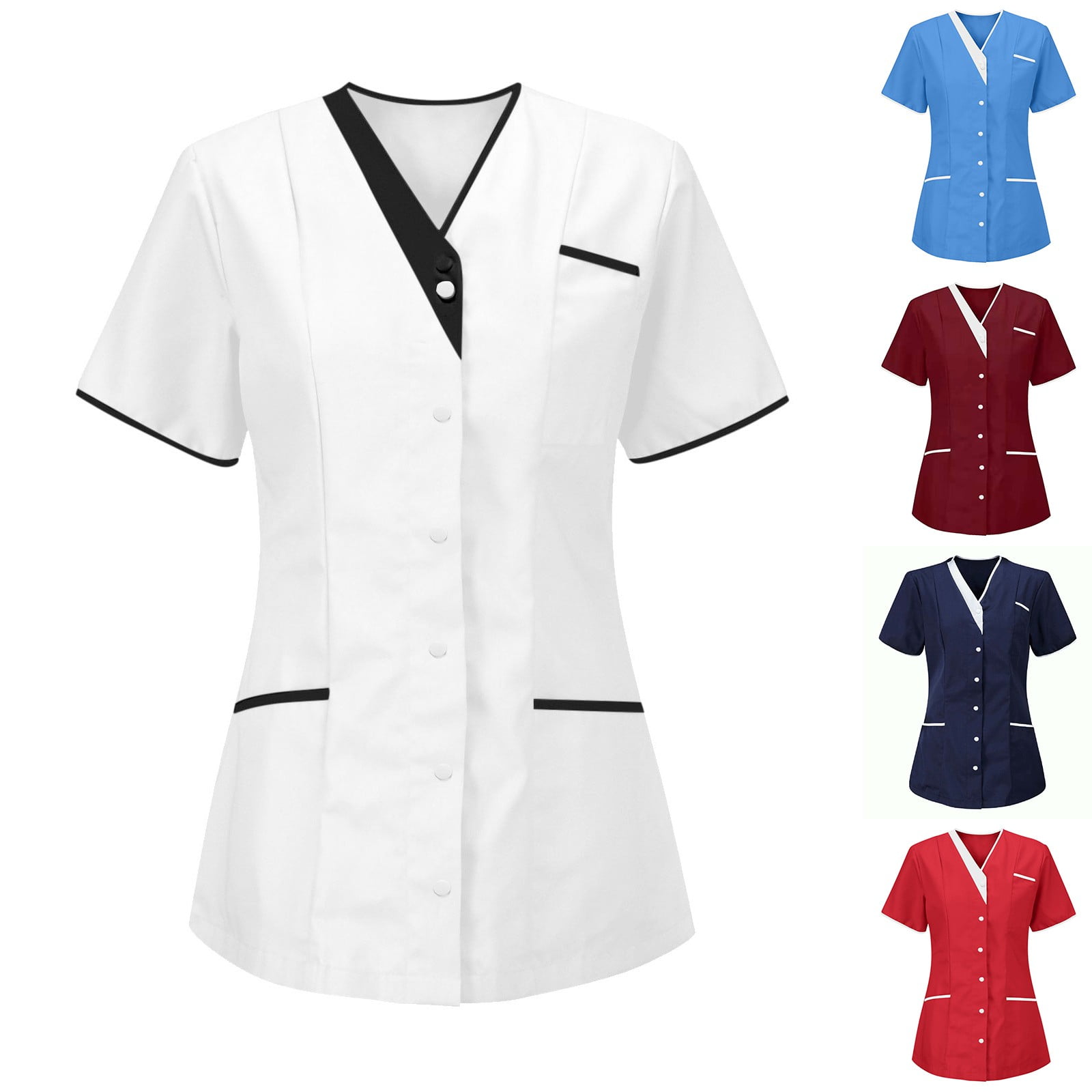 Lenago Scrubs for Women Nurses Button Up Tunic Uniform Clinic V Neck ...