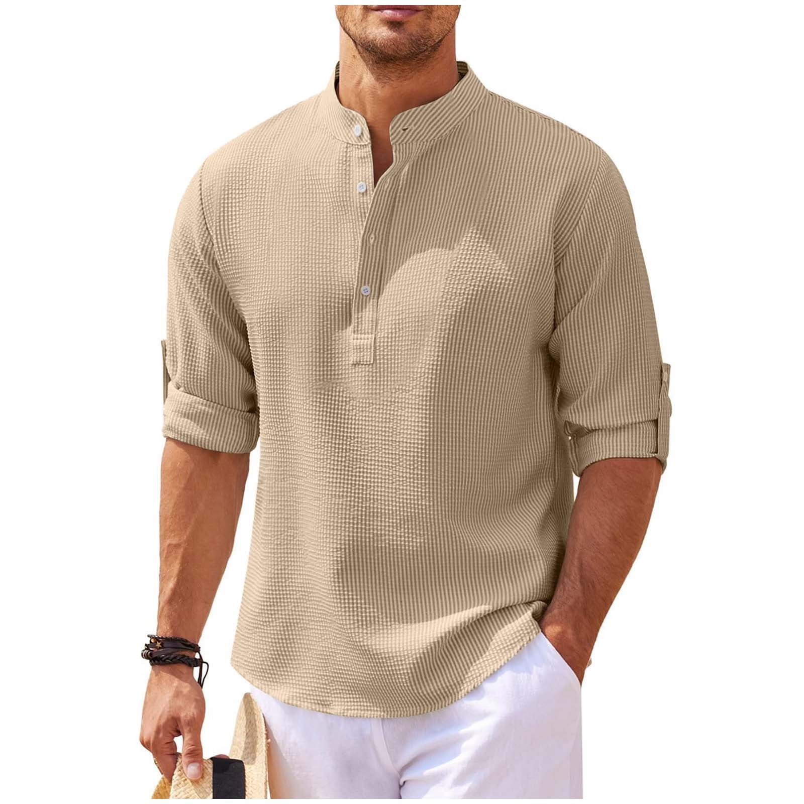 Lenago Shirts for Men Solid Color Button Long Sleeve Stand Up Collar ...