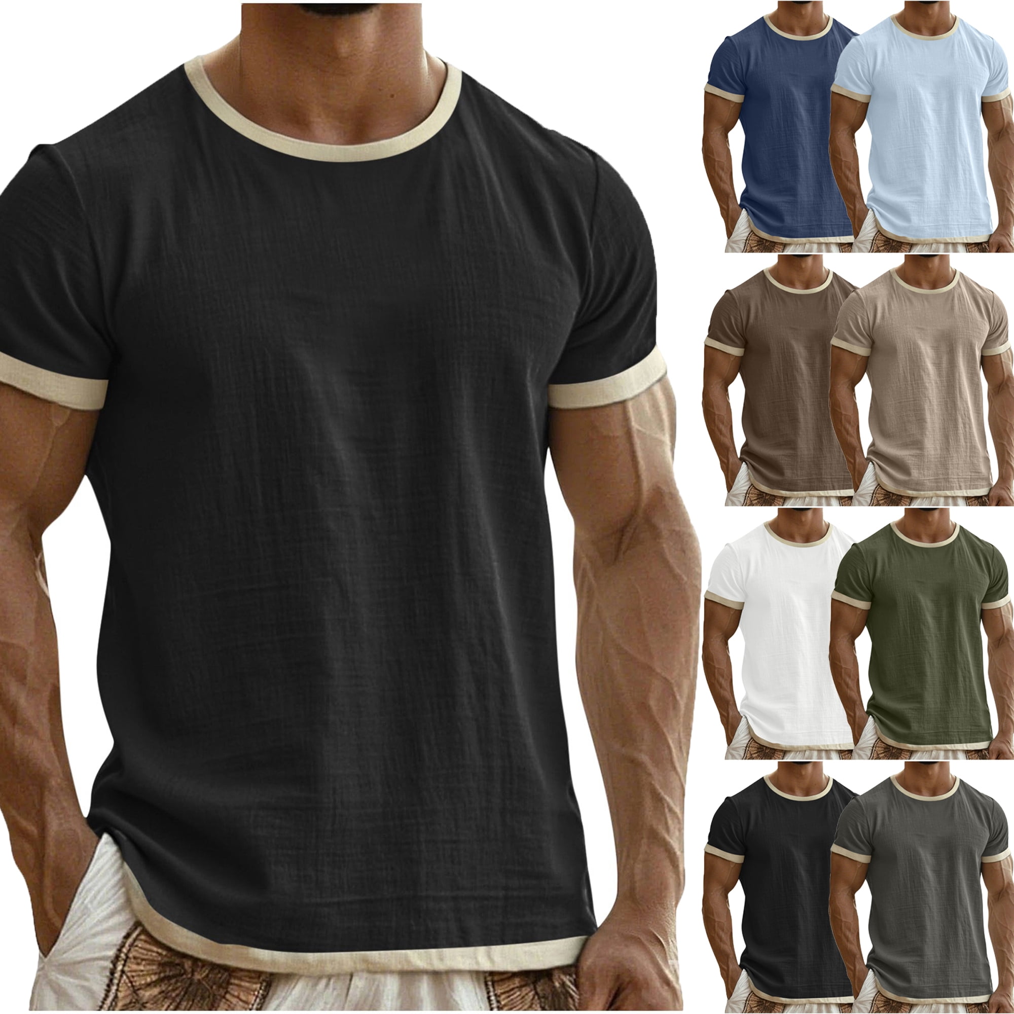 Lenago Shirts for Men Solid Color Round Neck Button Short Sleeved ...