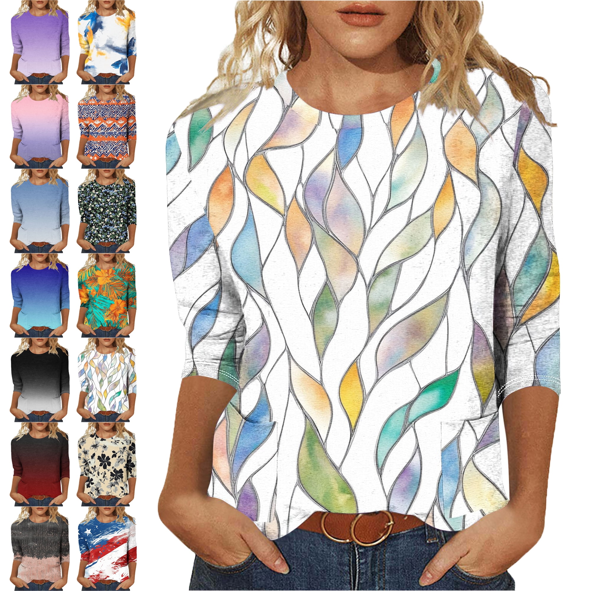 Lenago Spring Tops For Women 3/4 Sleeves Colored Printing Crew Neck T ...