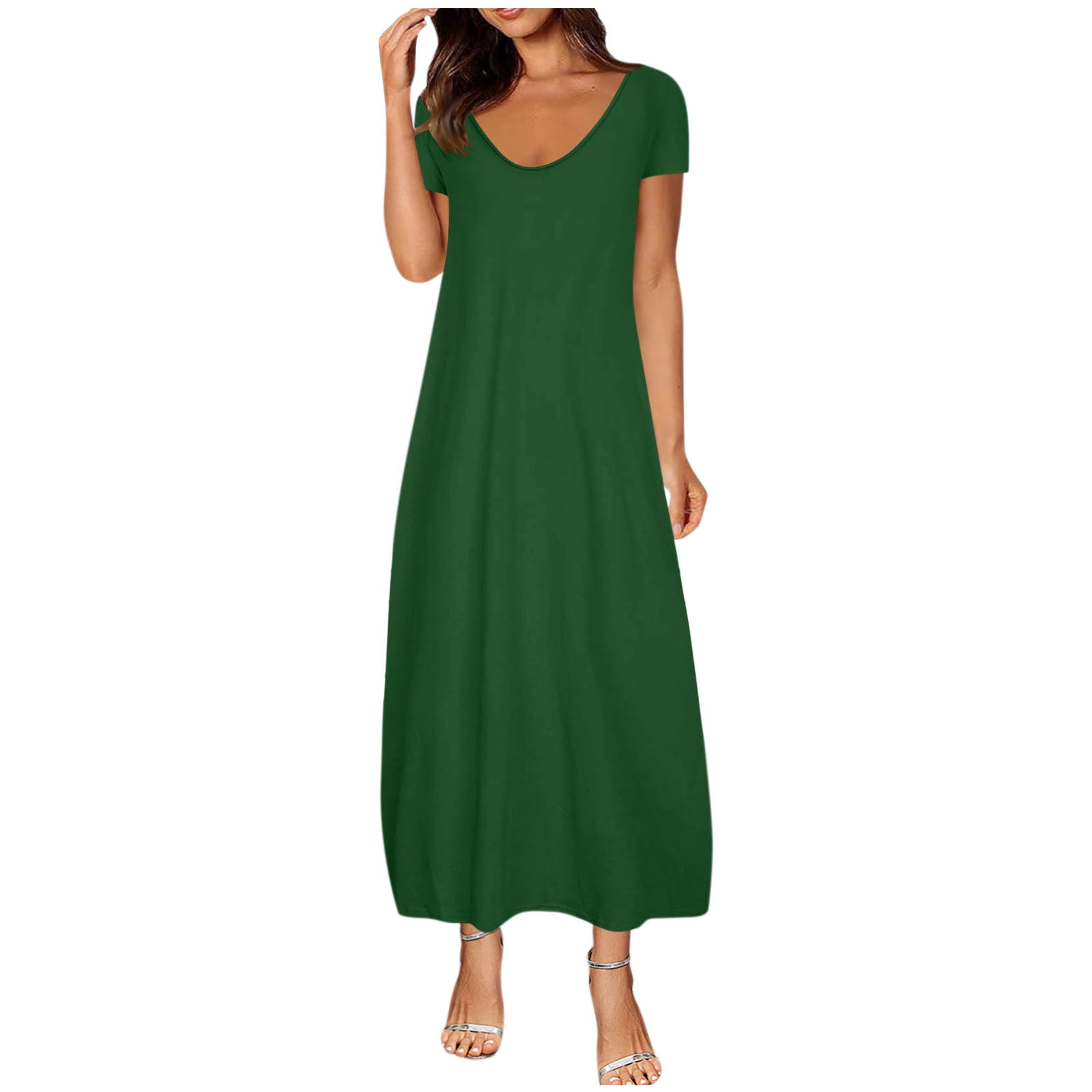ZKCCNUK Women's Summer Maxi Dress Solid Short Sleeve Round Neck Long ...
