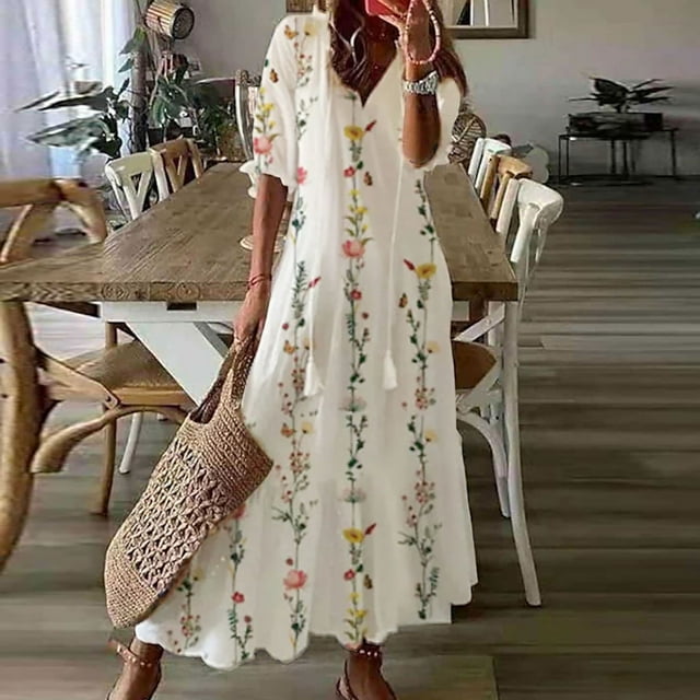 Lenago Plus Size Full Figure Maxi Sundress, Loose V-neck Three-quarter ...