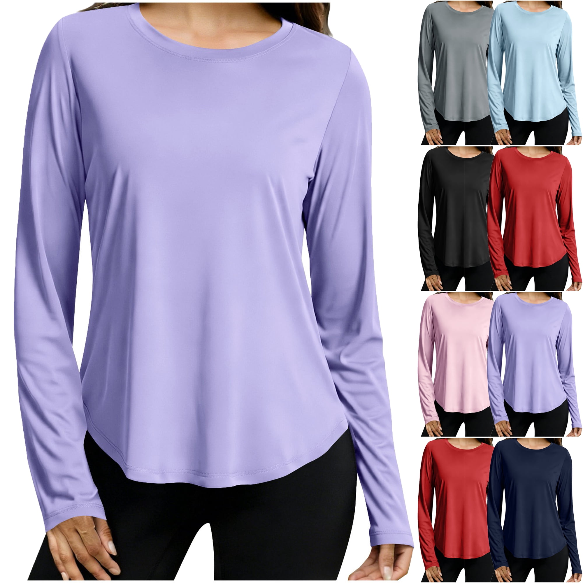 Lenago Sweatshirt for Women Solid Color Round Neck Workout Tops Long ...