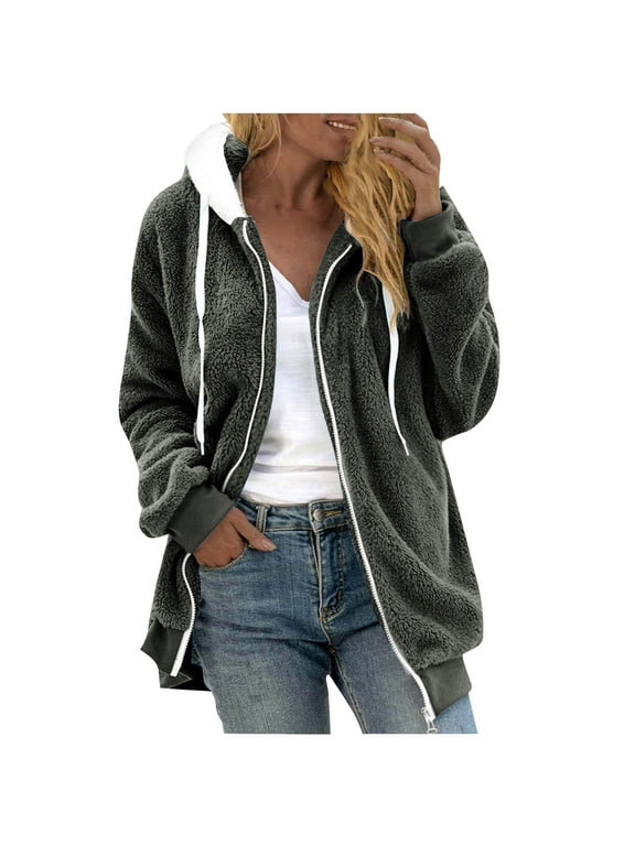 BangWanChi Womens Jackets Winter Fashion Women's Zipper V-Neck Pullover Tops Long Sleeve Hooded ...