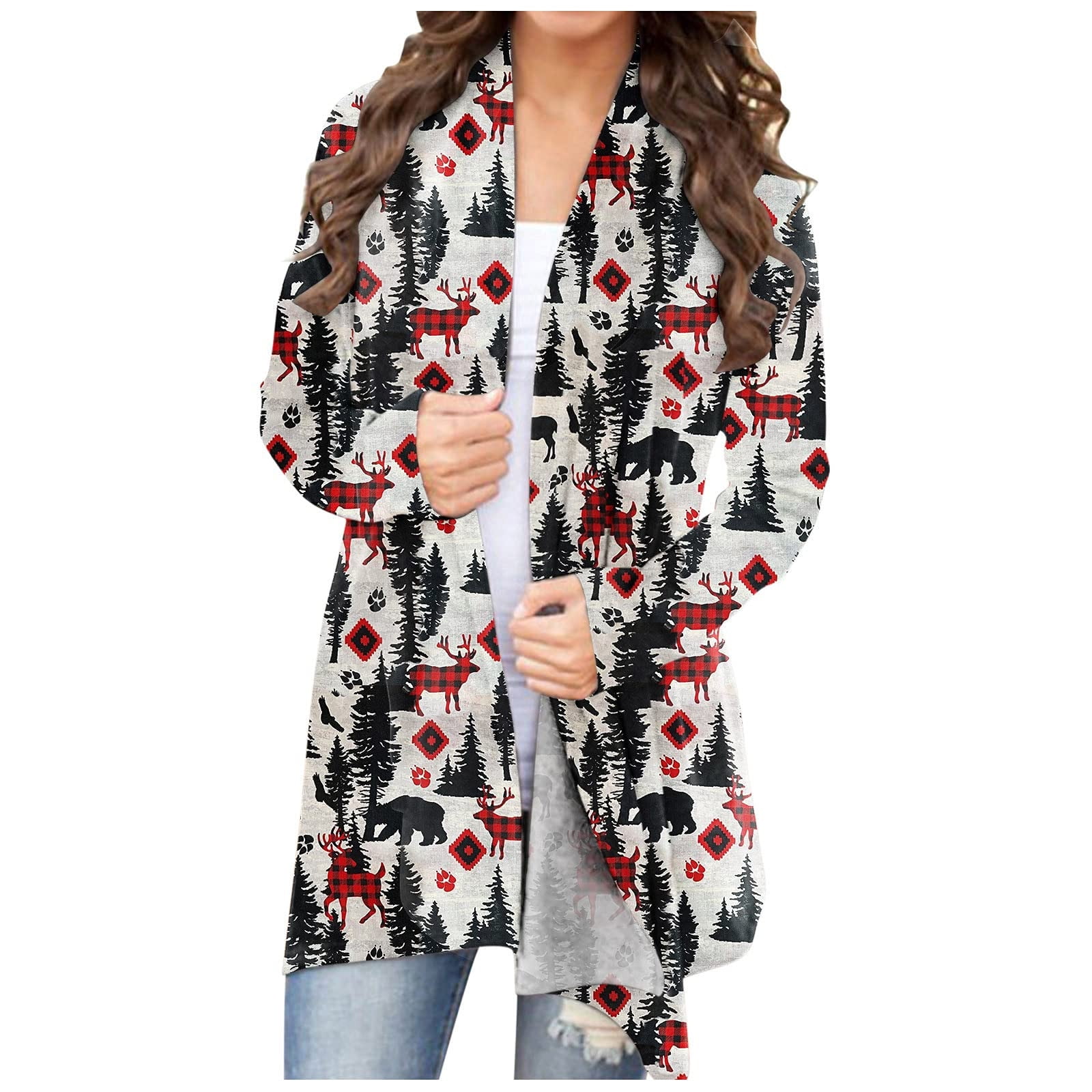 Lenago Women's Christmas Cardigan Santa Claus Print Cardigan Long ...