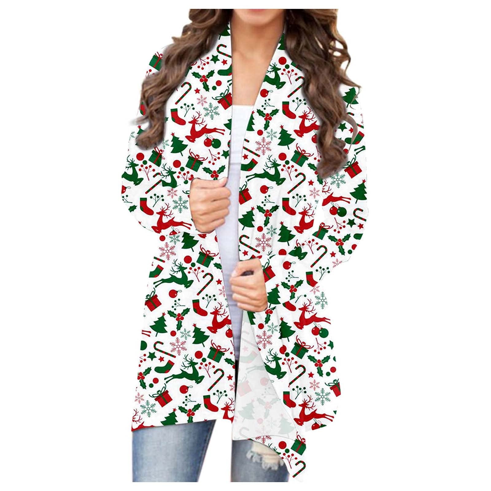 Lenago Women's Christmas Cardigan Santa Claus Print Cardigan Long ...