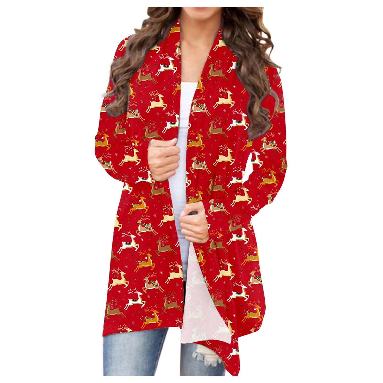 Lenago Women's Christmas Cardigan Santa Claus Print Cardigan Long ...
