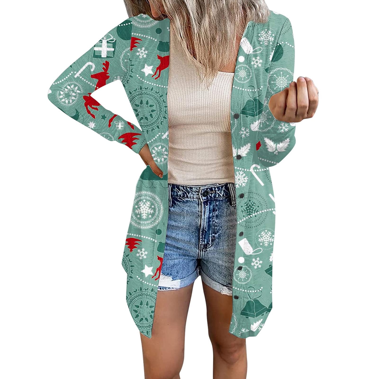 Lenago Women's Christmas Cardigan Santa Claus Print Cardigan Long ...