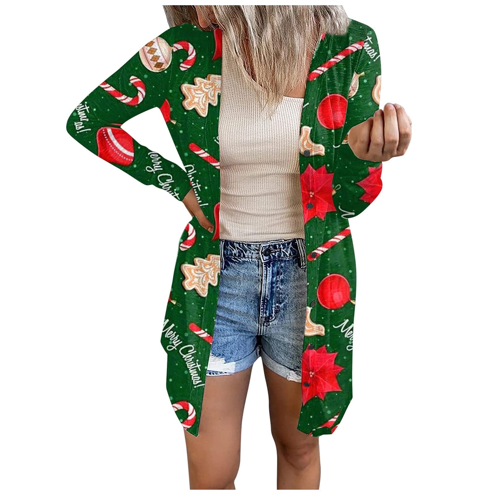 Lenago Women's Christmas Cardigan Santa Claus Print Cardigan Long ...