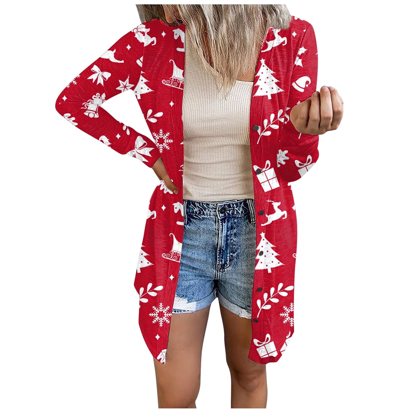 Lenago Women's Christmas Cardigan Santa Claus Print Cardigan Long ...