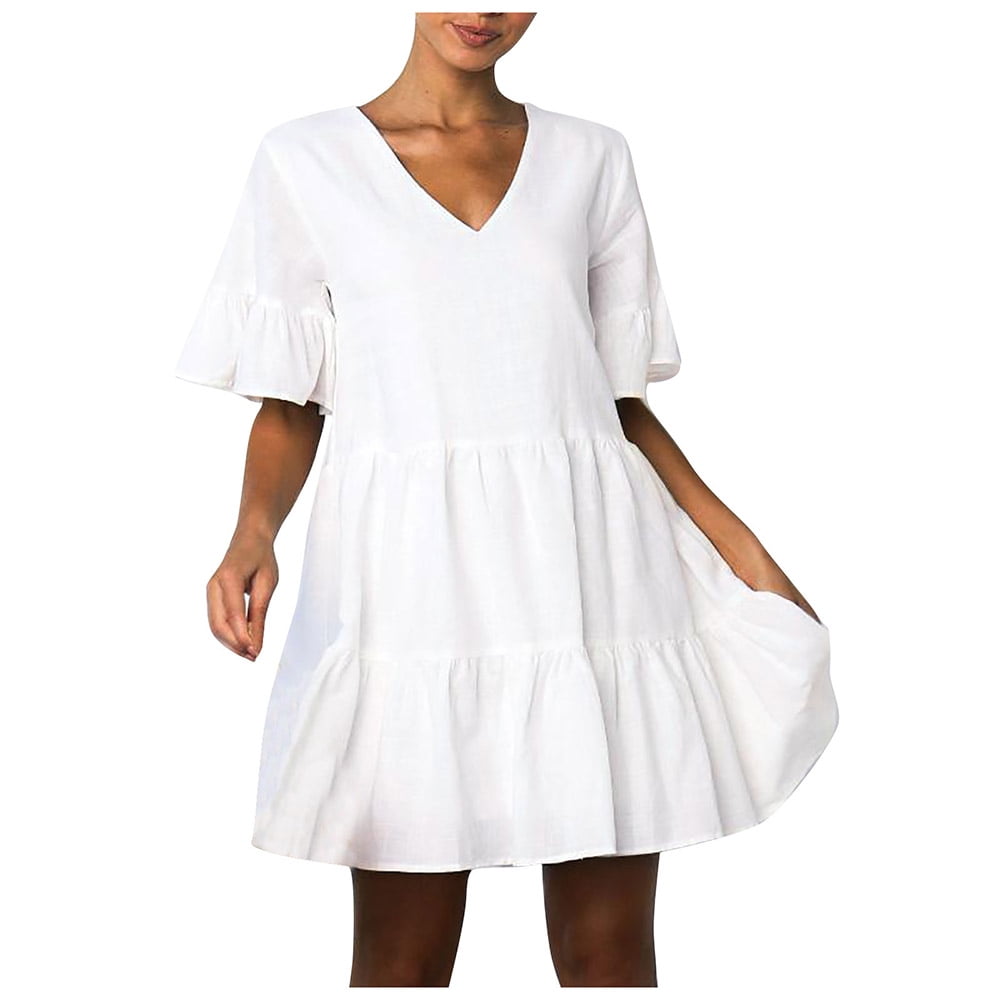 Lenago Women's Ruffle Sleeve V-Neck A-Line Pleated Hem Smocked Tiered ...