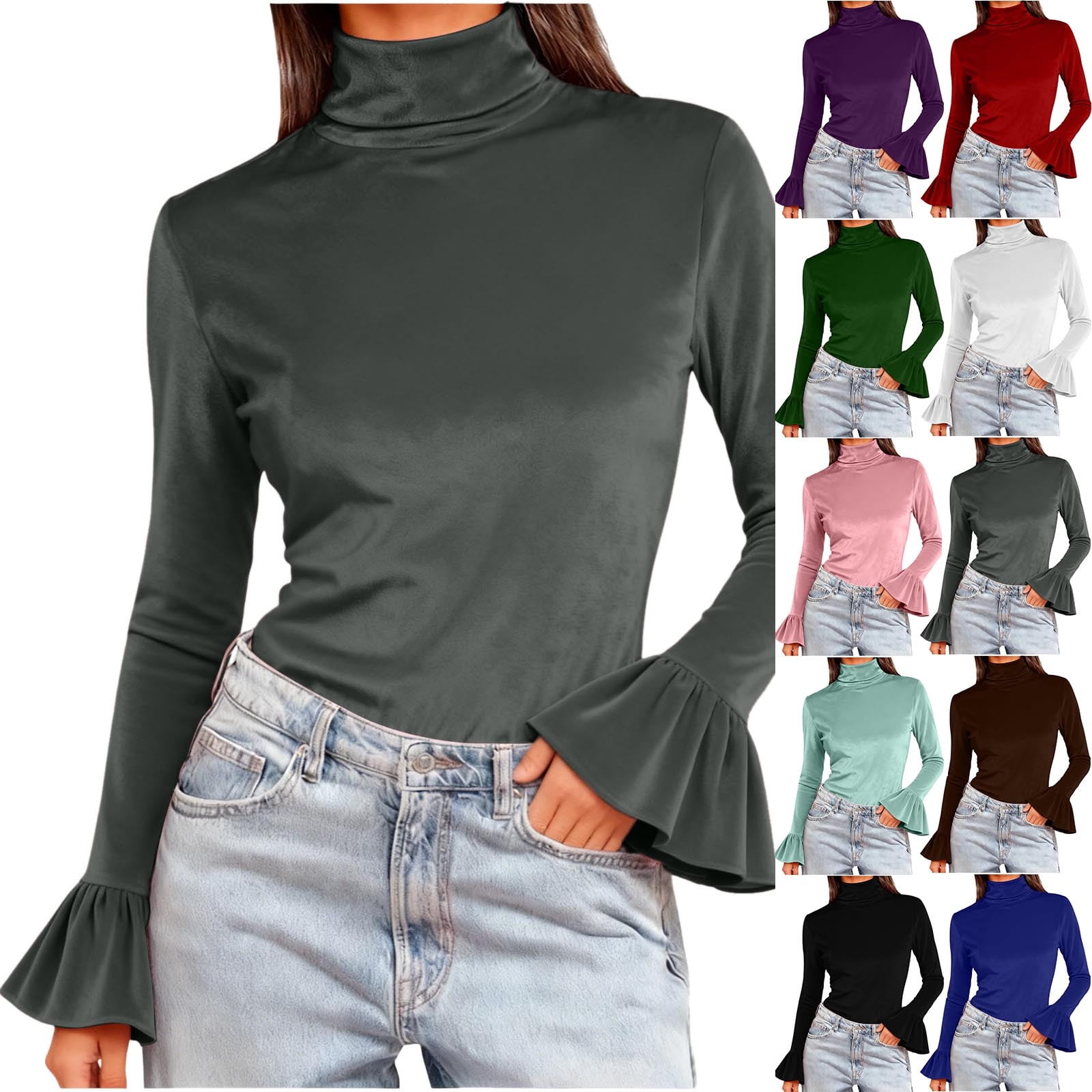 Lenago Women's Shirts Women Casual Solid Color Gold Velvet High Neck ...