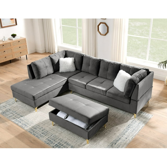 Lenavo Velvet Sectional Sofa - Gray - Walmart.com